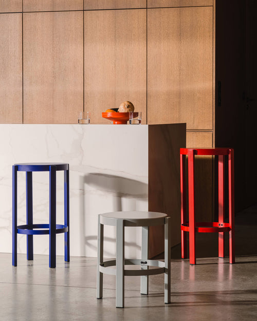 Doon Stool - minimal small, round steel stool in blue - noo.ma